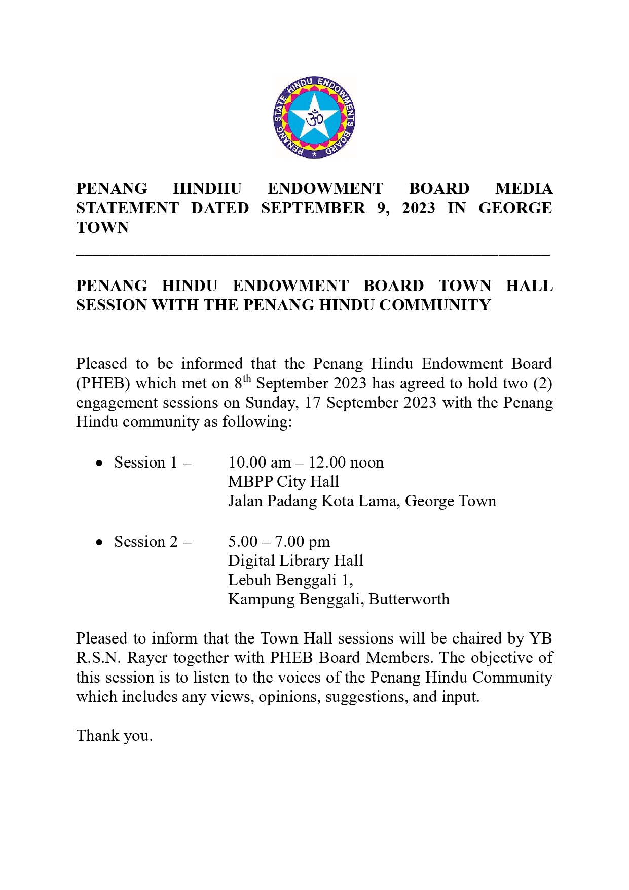 PHEB TOWNHALL SESSION WITH THE PENANG HINDU COMMUNITY | Welcome To the Penang Hindu Endowments ...
